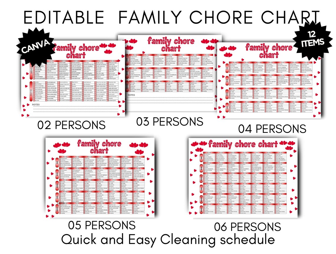 Editable Weekly Family Chore Chart for 2-6 Members,stay on Top of ...