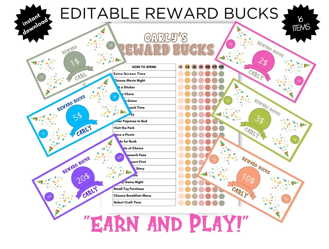 Editable Kids Play Money,printable Reward Bucks System for Children ...