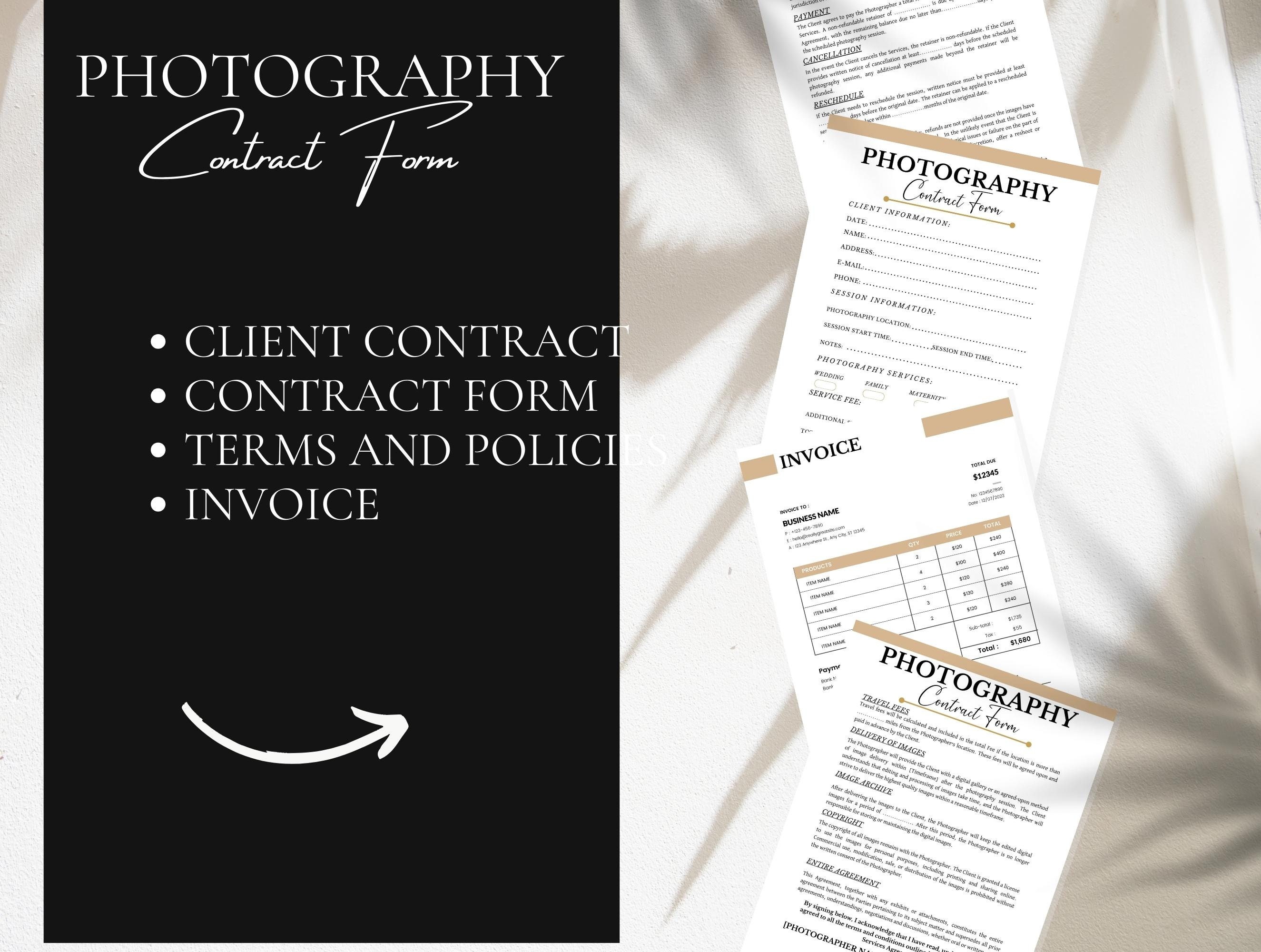 Professional Photography Contract Agreement and Invoice Canva Template ...