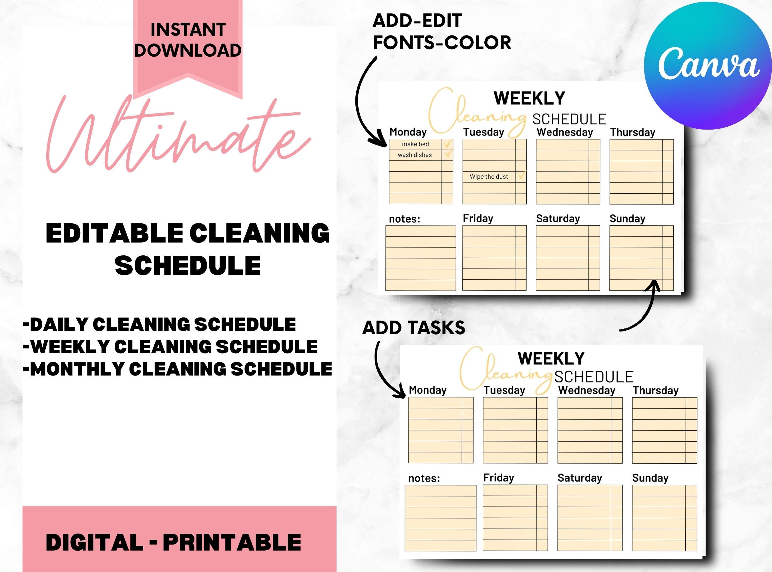 ADHD Cleaning Checklist Daily Weekly Monthly Editable Cleaning Schedule ...