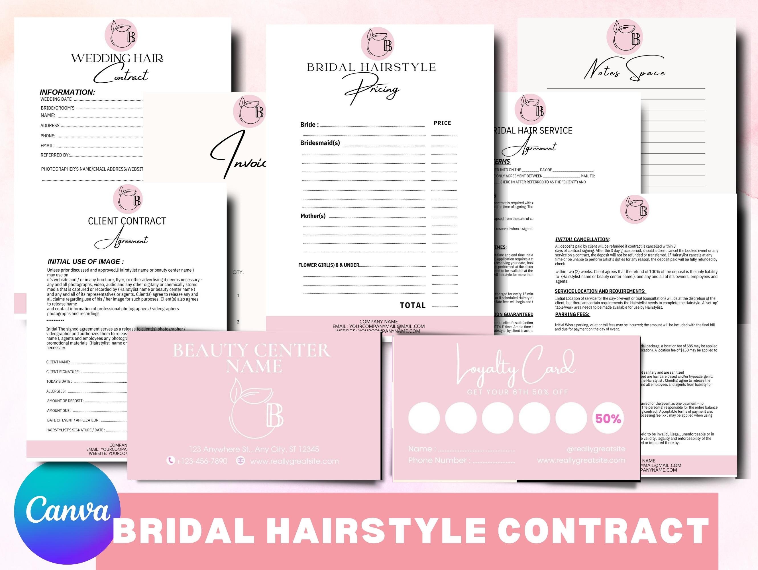 Bridal Hair Contract CANVA Template,editable Wedding Party Service ...