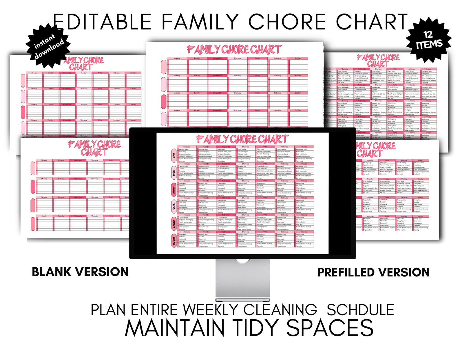 Customizable PINK Family Chore Chart, Canva Template,printable Weekly ...