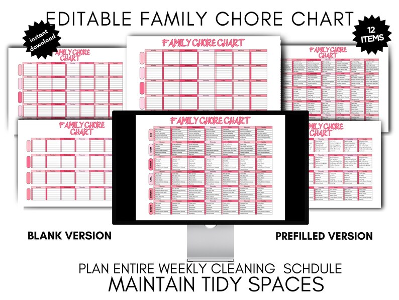 Customizable PINK Family Chore Chart, Canva Template,printable Weekly ...