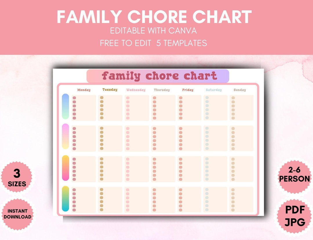 Editable Weekly Family Chore Chart Gift for Mom, Adult Chore Chart Gift ...