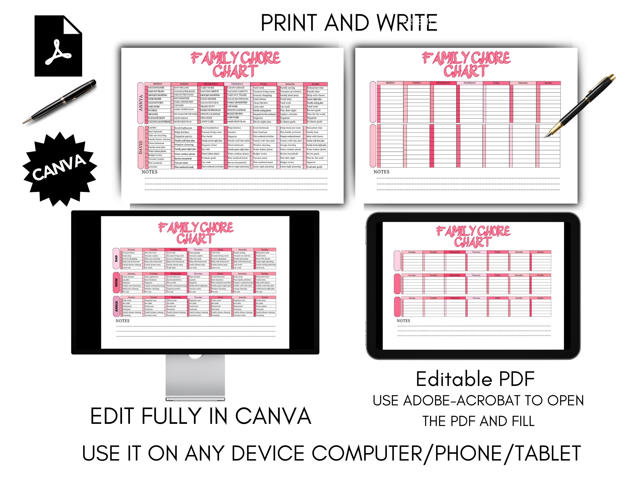 Customizable PINK Family Chore Chart, Canva Template,printable Weekly ...