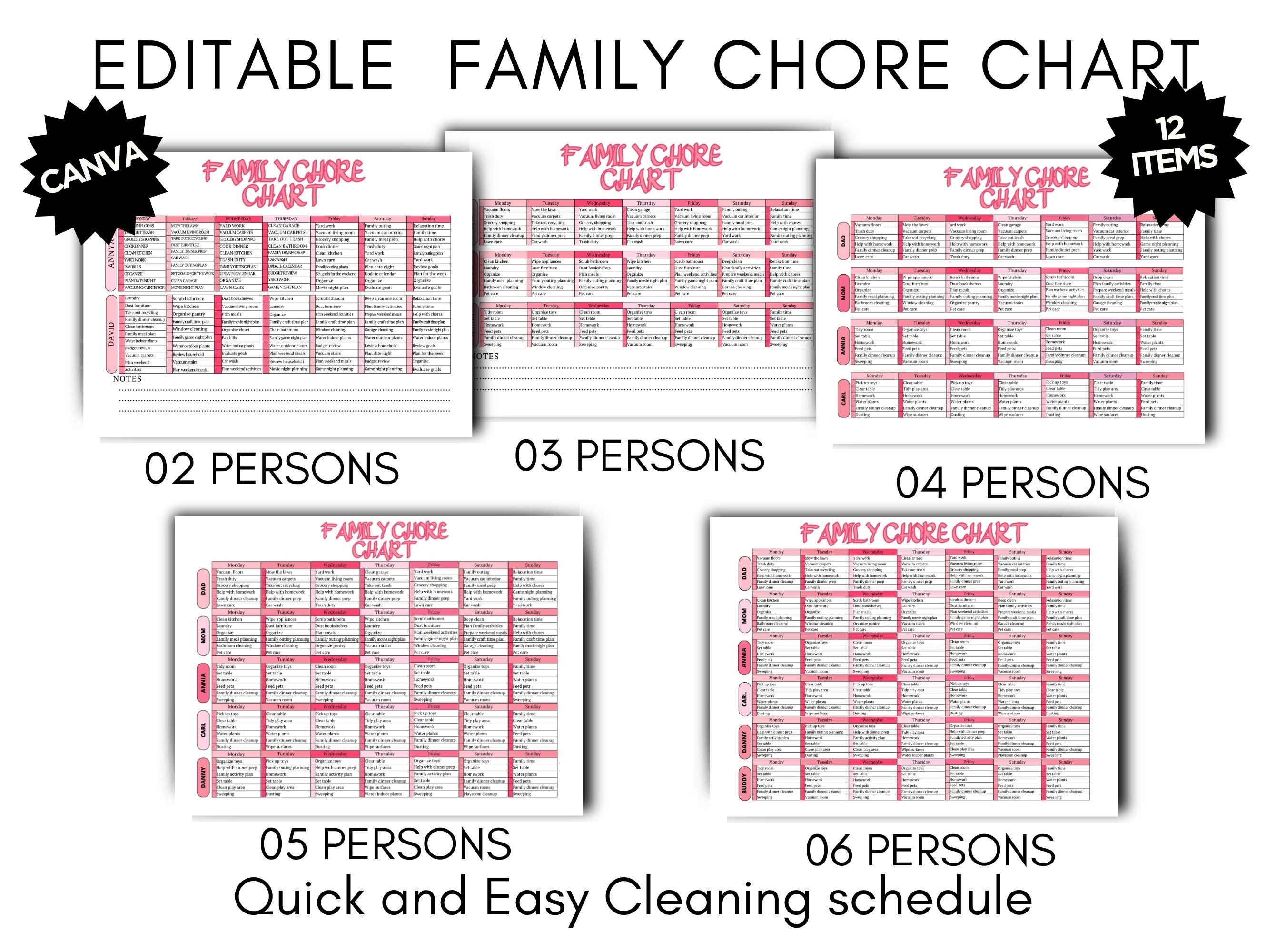 Customizable PINK Family Chore Chart, Canva Template,printable Weekly ...