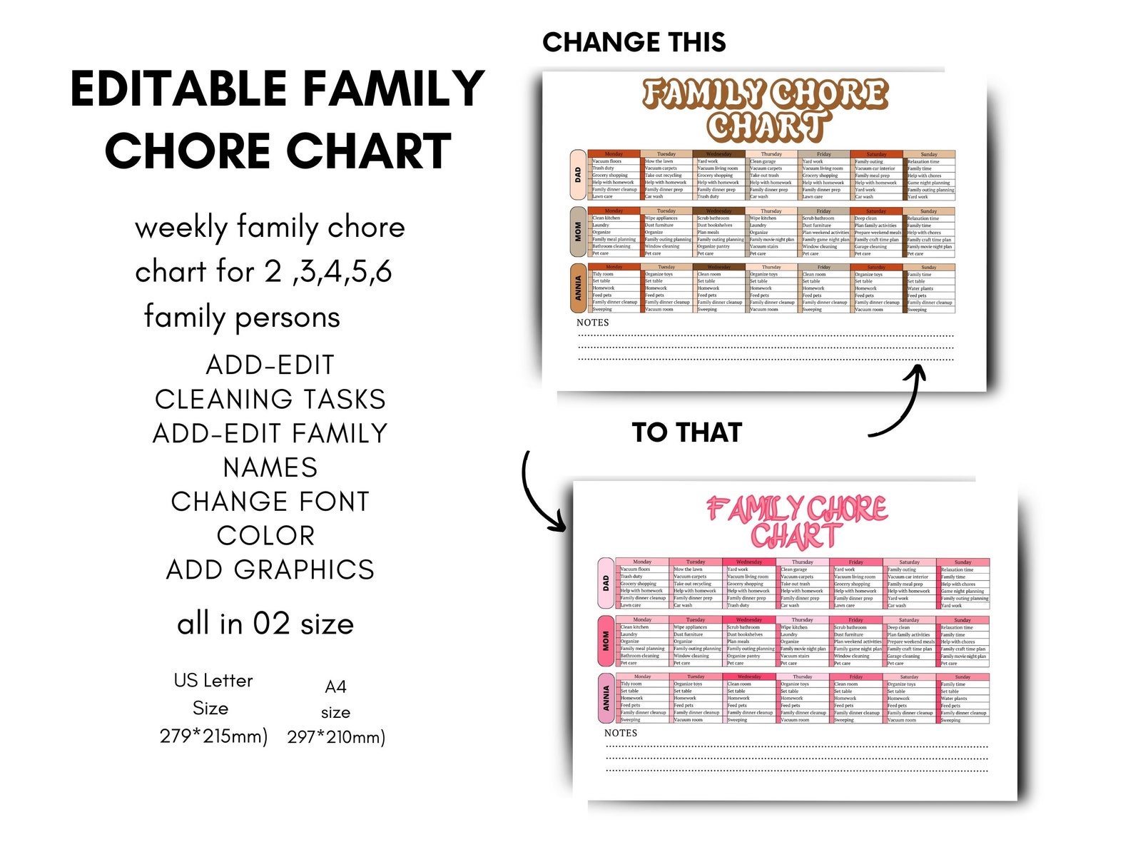 Customizable PINK Family Chore Chart, Canva Template,printable Weekly ...