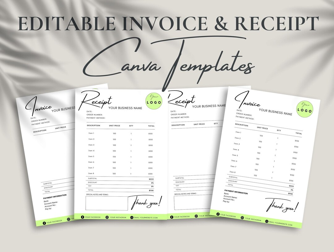 Editable Invoice Template for Small Business, Receipt Canva Template ...