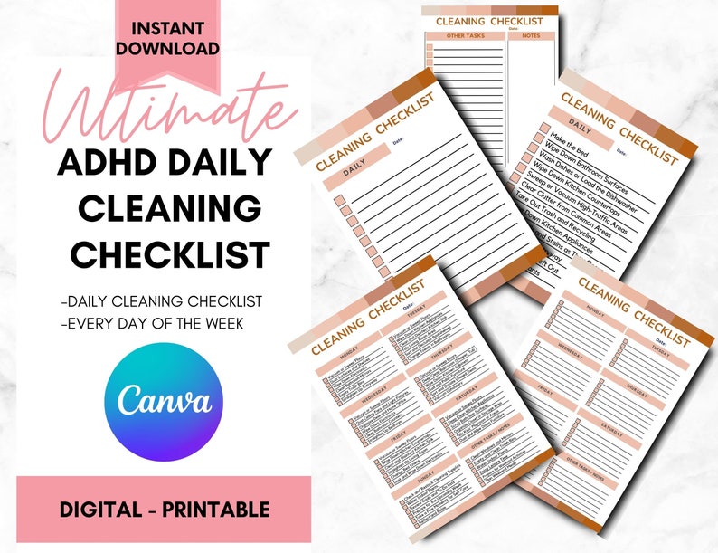 ADHD Cleaning Checklist Printable Cleaning Schedule Template,gift for ...
