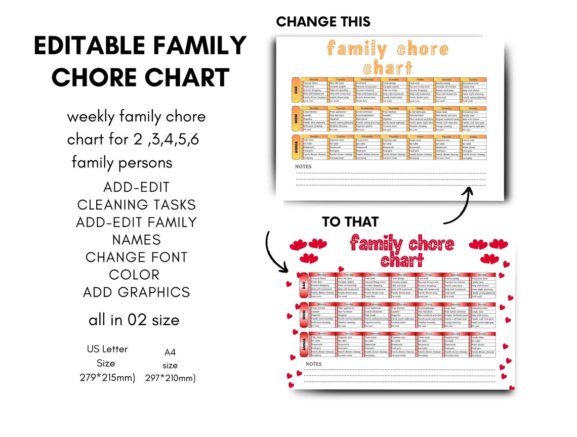 Editable Weekly Family Chore Chart for 2-6 Members,stay on Top of ...