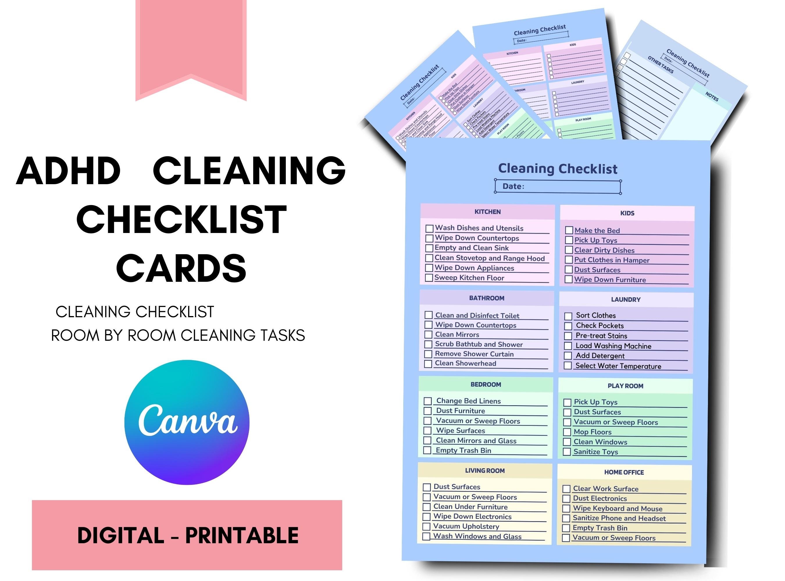 ADHD Cleaning Checklist Room by Room Cleaning Schedule Template Gift ...