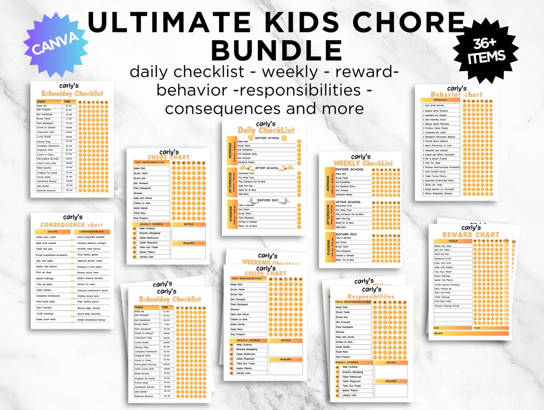 Editable Kids Chore Chart Bundle Reward Allowance Behavior - Etsy