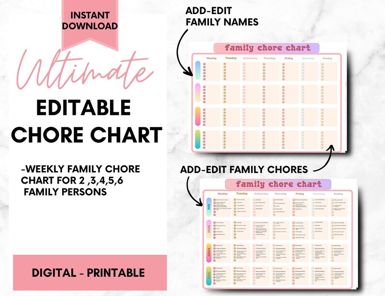 Editable Weekly Family Chore Chart Gift for Mom, Adult Chore Chart Gift ...