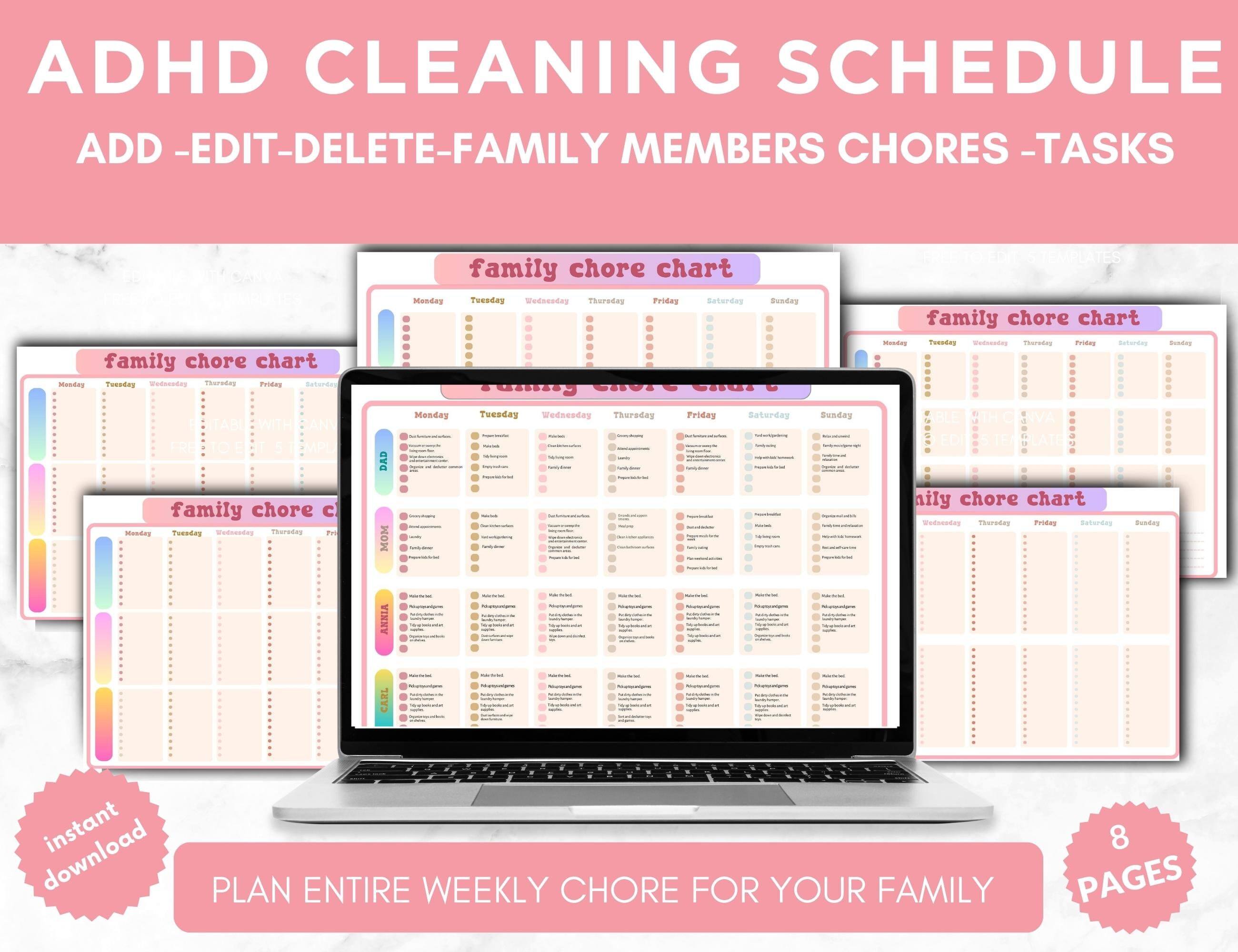 Editable Weekly Family Chore Chart Gift for Mom, Adult Chore Chart Gift ...