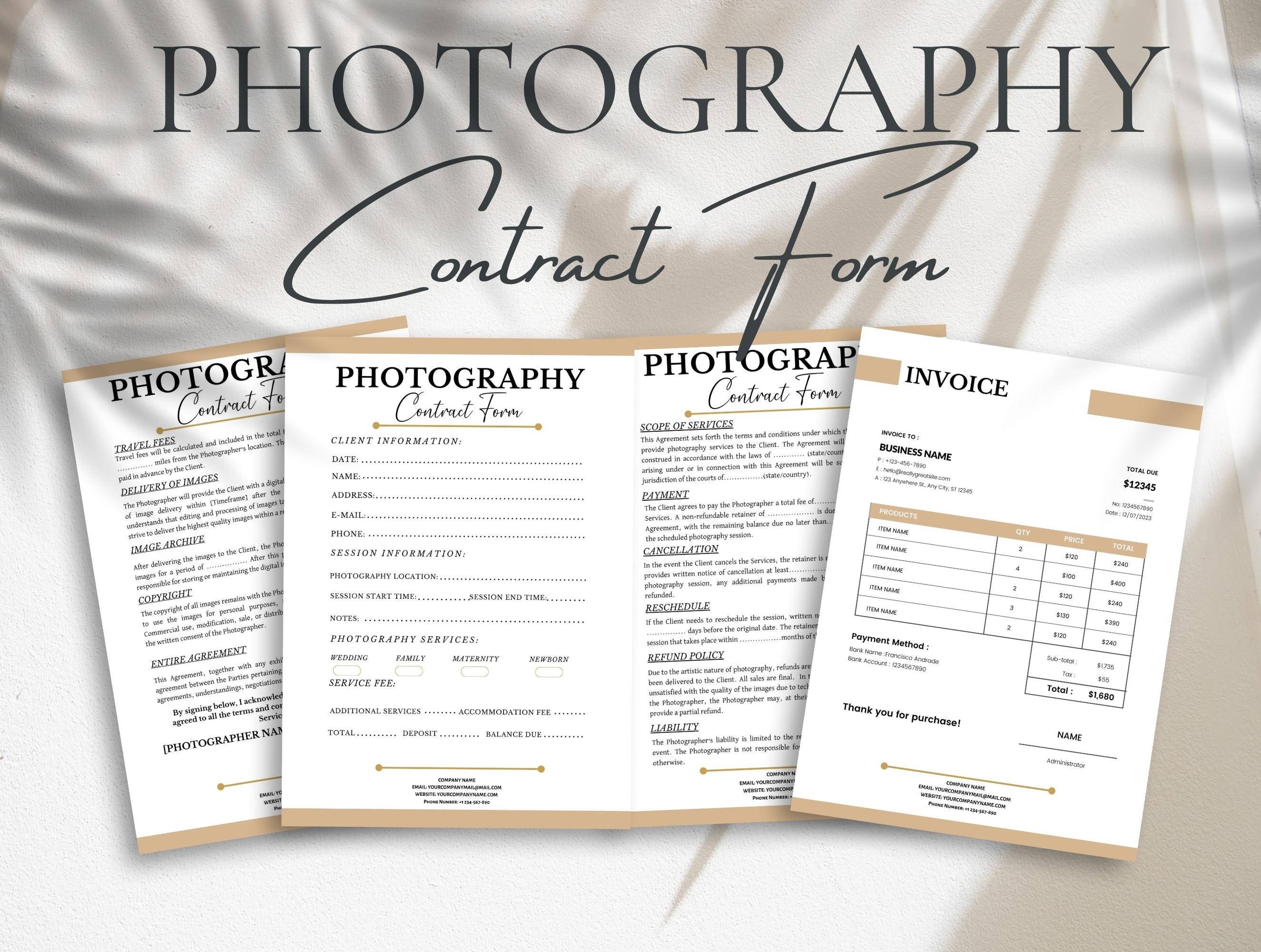 Professional Photography Contract Agreement and Invoice Canva Template ...