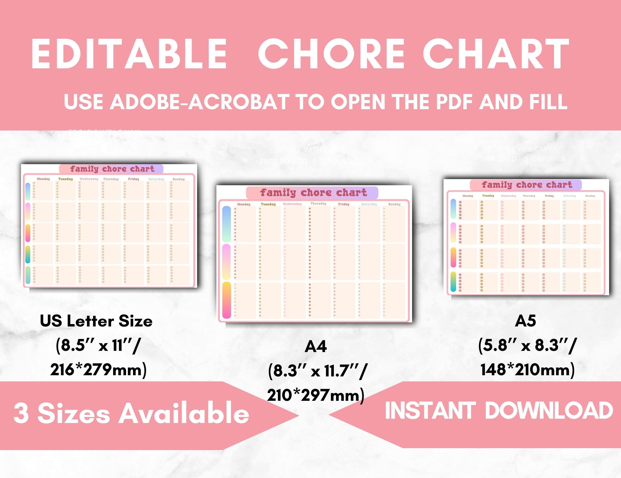 Editable Weekly Family Chore Chart Gift for Mom, Adult Chore Chart Gift ...