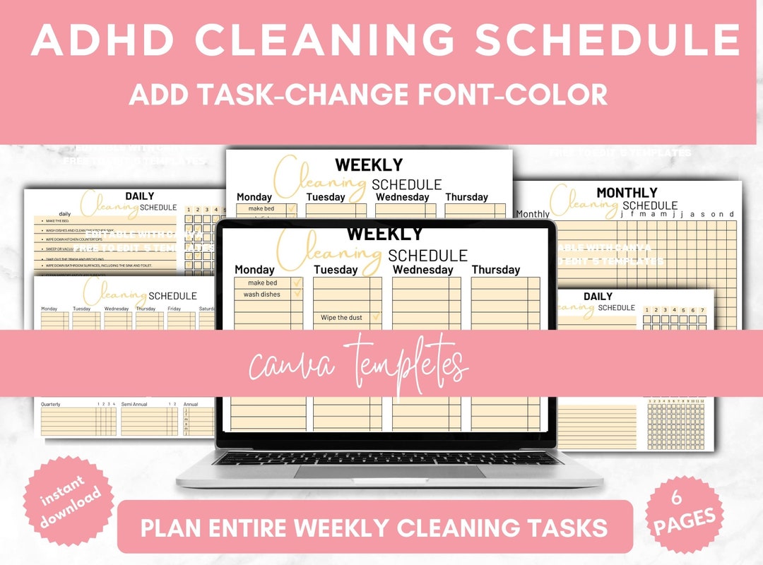 ADHD Cleaning Checklist Daily Weekly Monthly Editable Cleaning Schedule ...