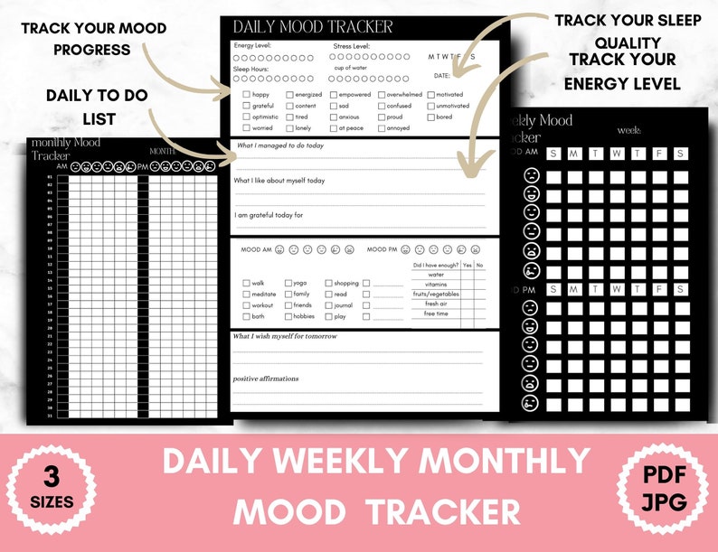 Daily Mood Tracker Printable WEEKLY MONTHLY Digital Mood - Etsy