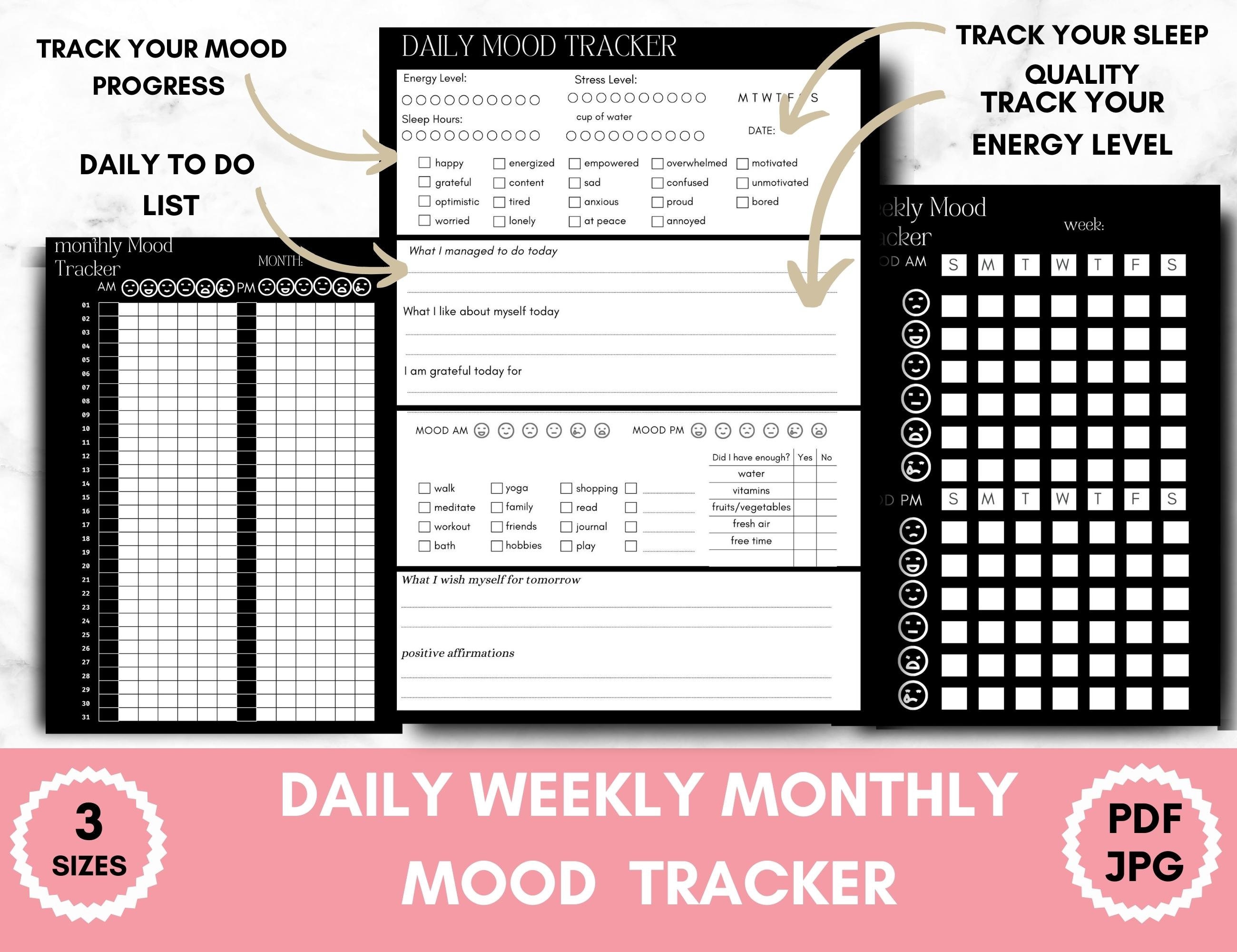 Daily Mood Tracker Printable WEEKLY MONTHLY Digital Mood - Etsy