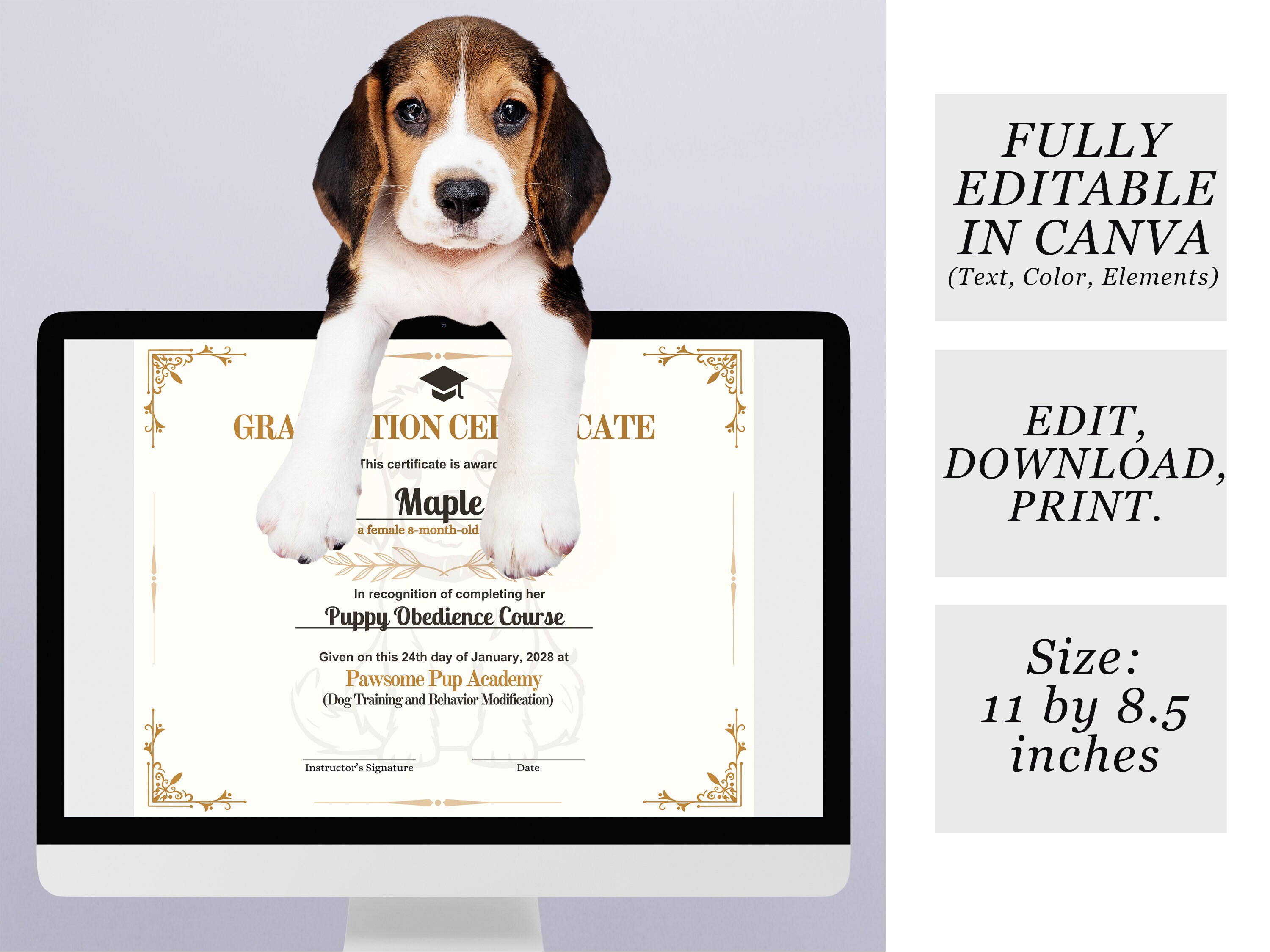 Dog Training Certificate, Service Dog, Certificate of Completion ...