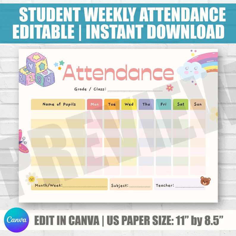 Printable Weekly Attendance, Daycare Attendance Record, Student ...