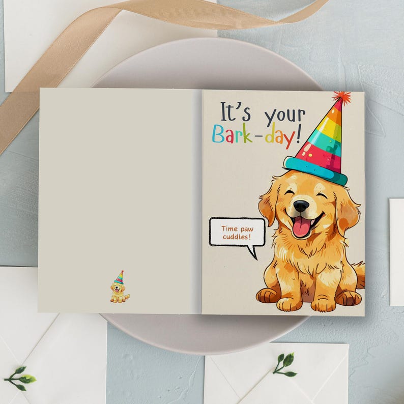 Funny Dog Birthday Card: Golden Retriever, Paw Cuddles (digital ...