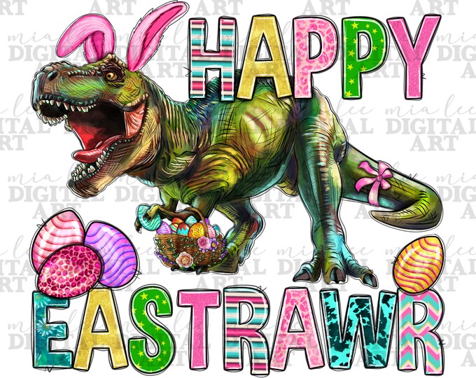 Easter T-rex Dinosaur Clipart With Bunny Ears & Basket - PNG for DTG ...