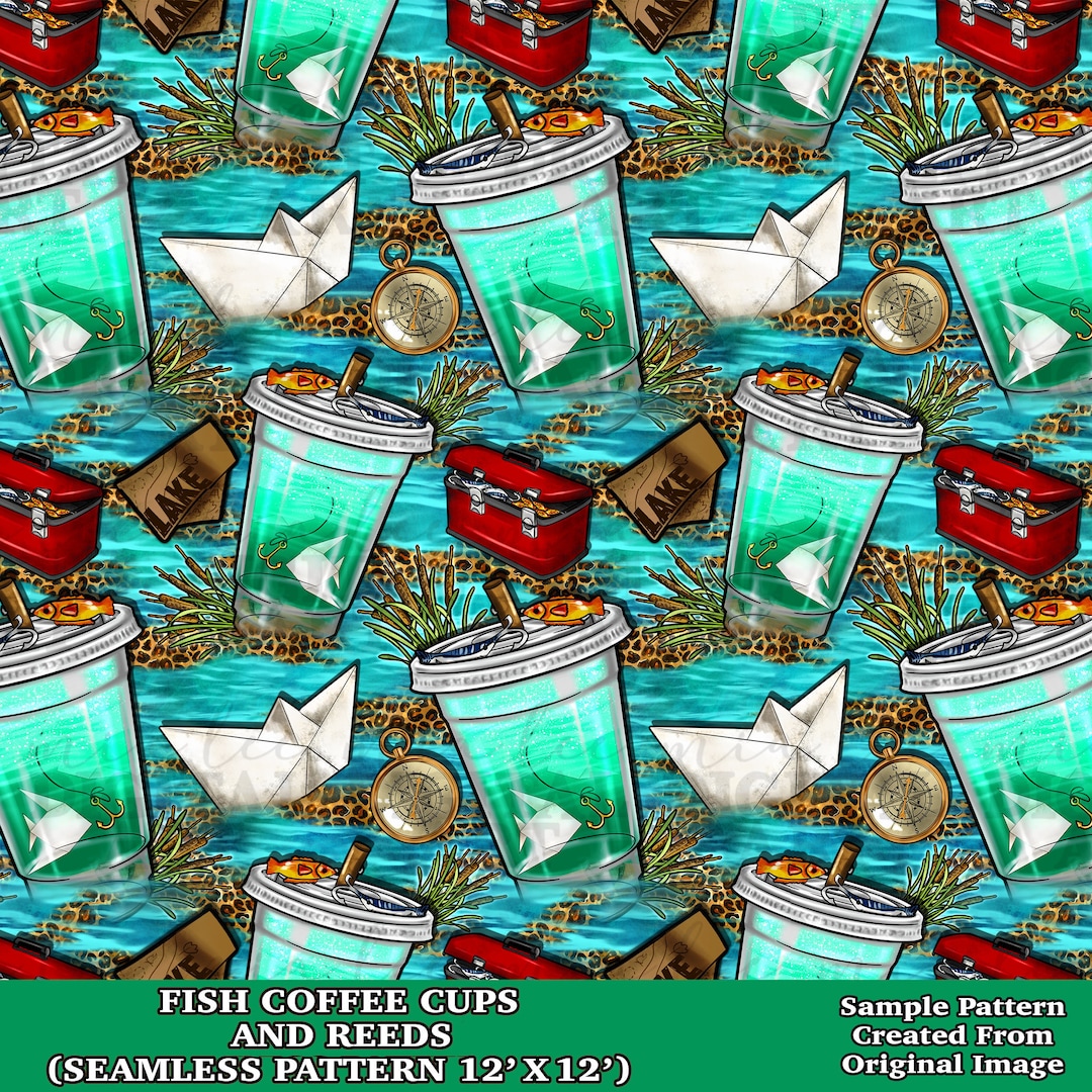 Fish Coffee Cups and Reeds Seamless Pattern Digital Paper, Fish Digital ...