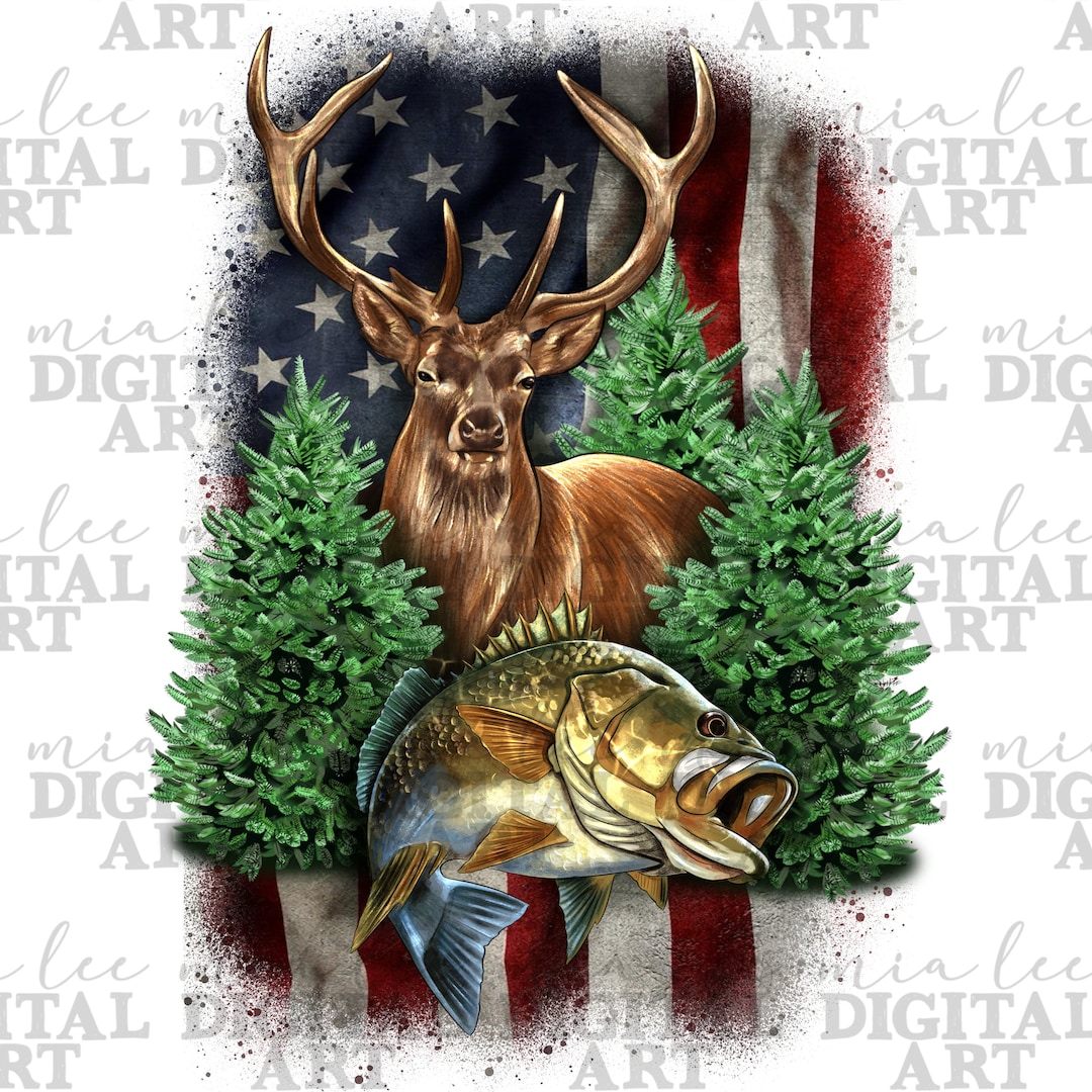 Deer Fish Tree Scene on American Flag Png, Hunting Life Png, Hand Drawn ...