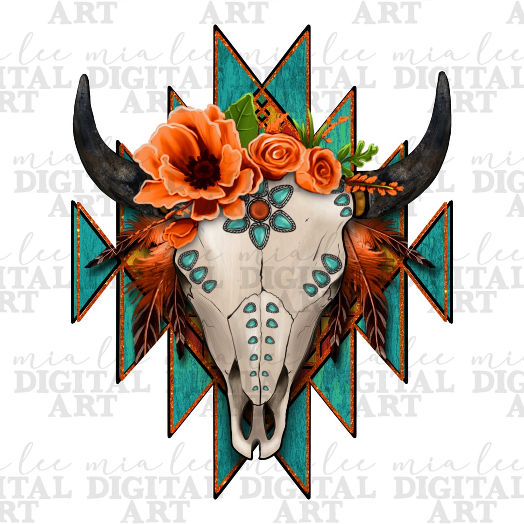 Aztec Turquoise Bull Skull Png Sublimation Design Download, Western ...
