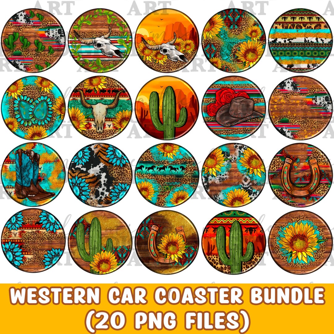 Western Car Coaster Bundle Png Sublimation Design Download, Car Coaster ...