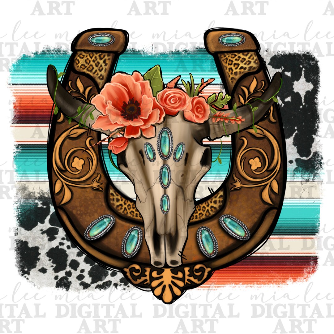 Bull Skull Western Horseshoe Png Sublimation Design Download, Western ...