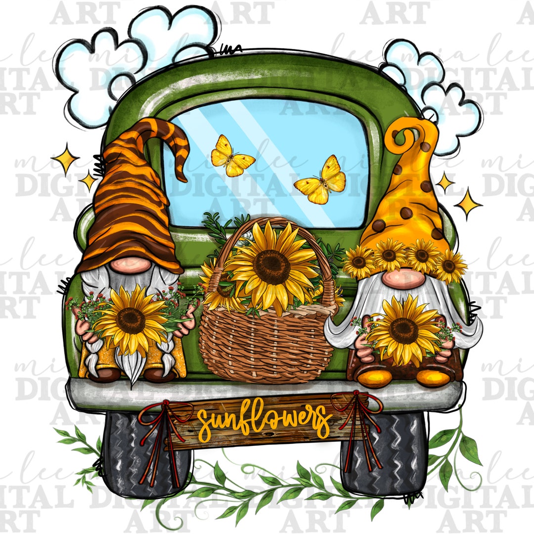 Sunflowers Gnome Truck Png Sublimation Design Download, Cute Gnomes Png ...