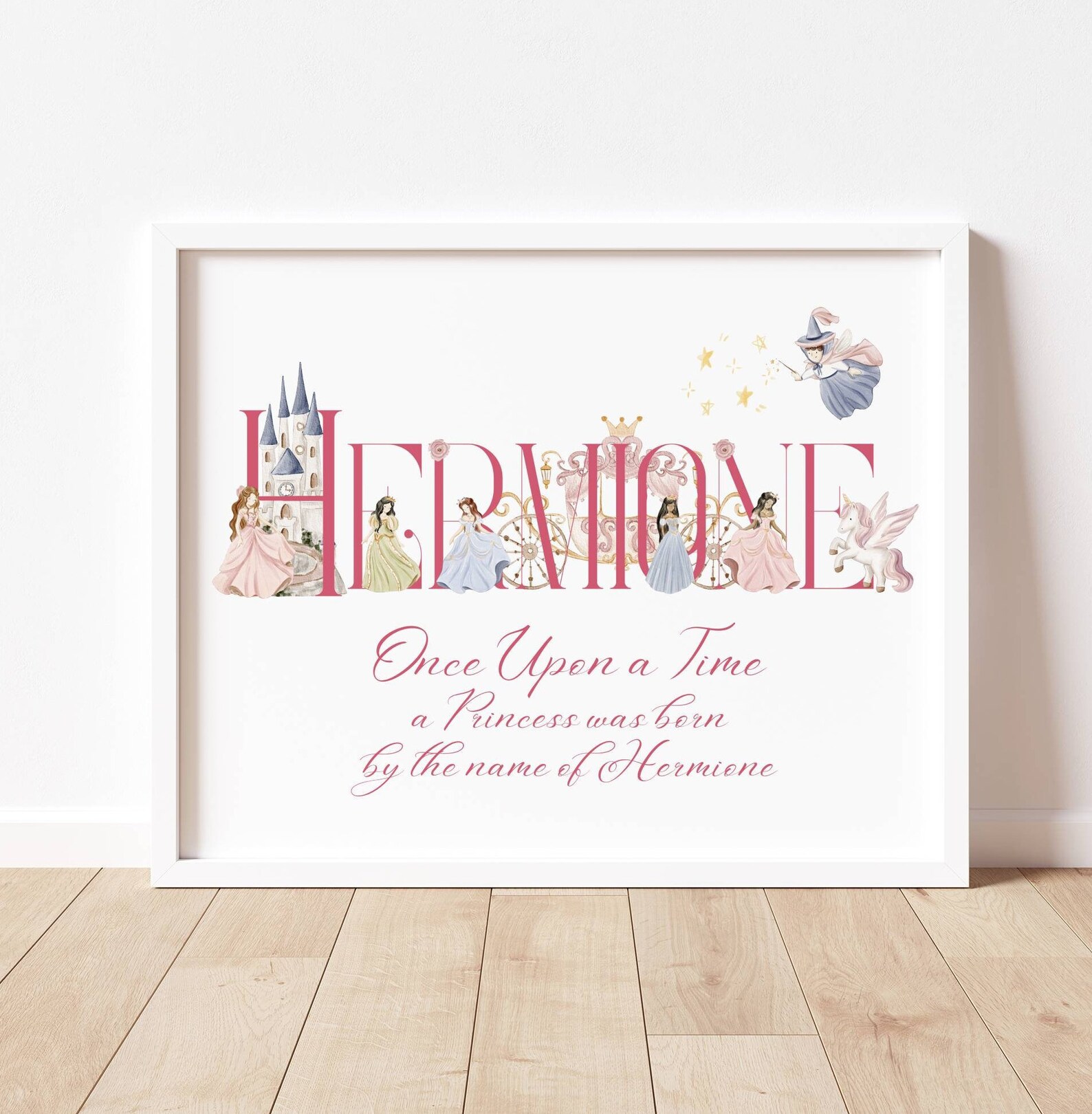 Princess Custom Name Watercolor Art With Castle, Carriage, Unicorn ...