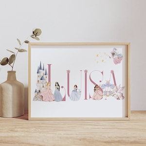 Princess Custom Name Watercolor Art With Castle, Carriage, Unicorn ...