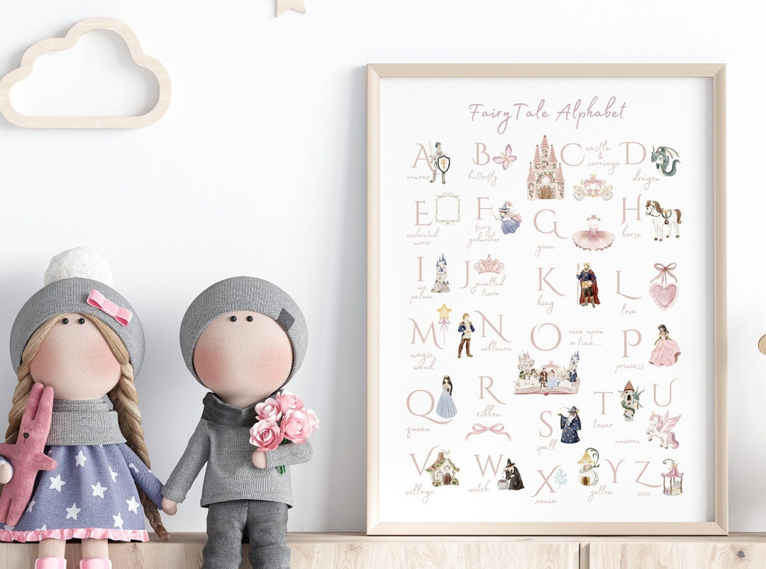 Alphabet Fairytale Print in Light Pink With Watercolor Castle, Princess ...