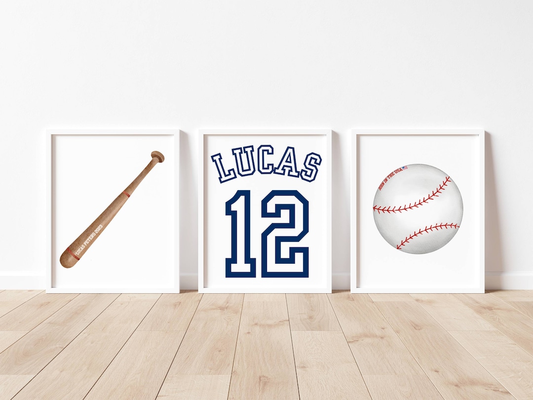 Custom Baseball Jersey Wall Art Set of 3. With Watercolor Bat & Ball ...
