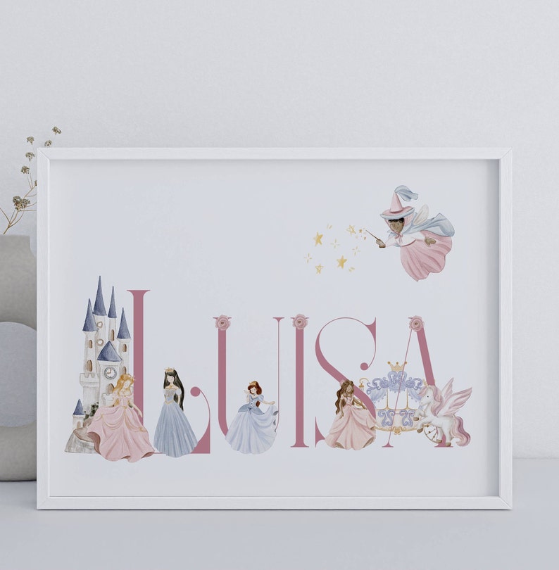 Princess Custom Name Watercolor Art With Castle, Carriage, Unicorn ...
