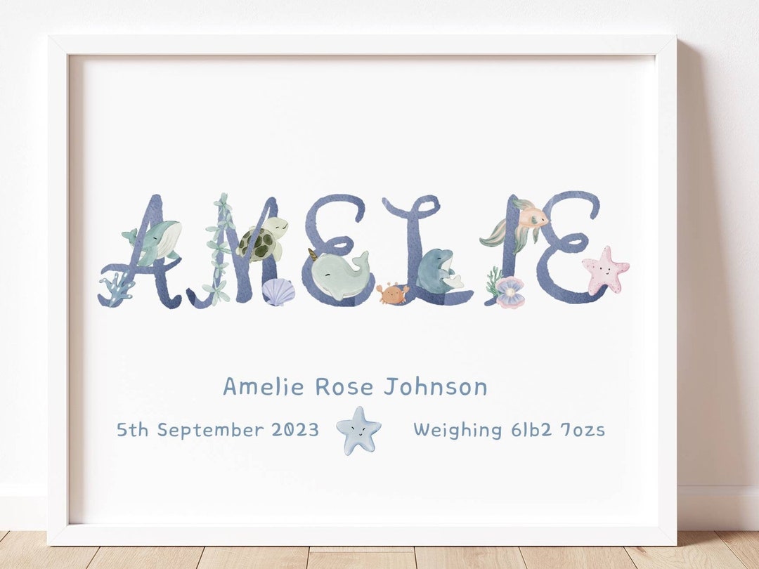 Sea Creatures Name Print With Birth Details, Custom Wall Art Printable ...
