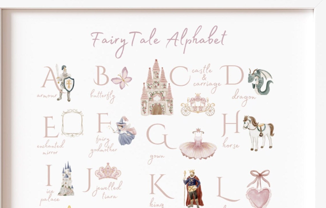 Alphabet Fairytale Print in Light Pink With Watercolor Castle, Princess ...