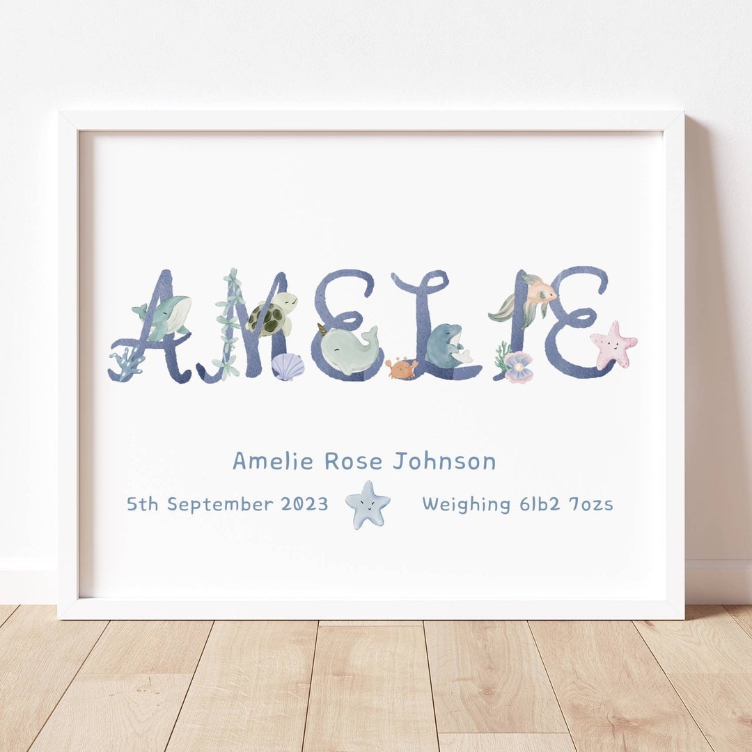 Sea Creatures Theme Name Print, Baby Birth Details, Custom Name Wall ...