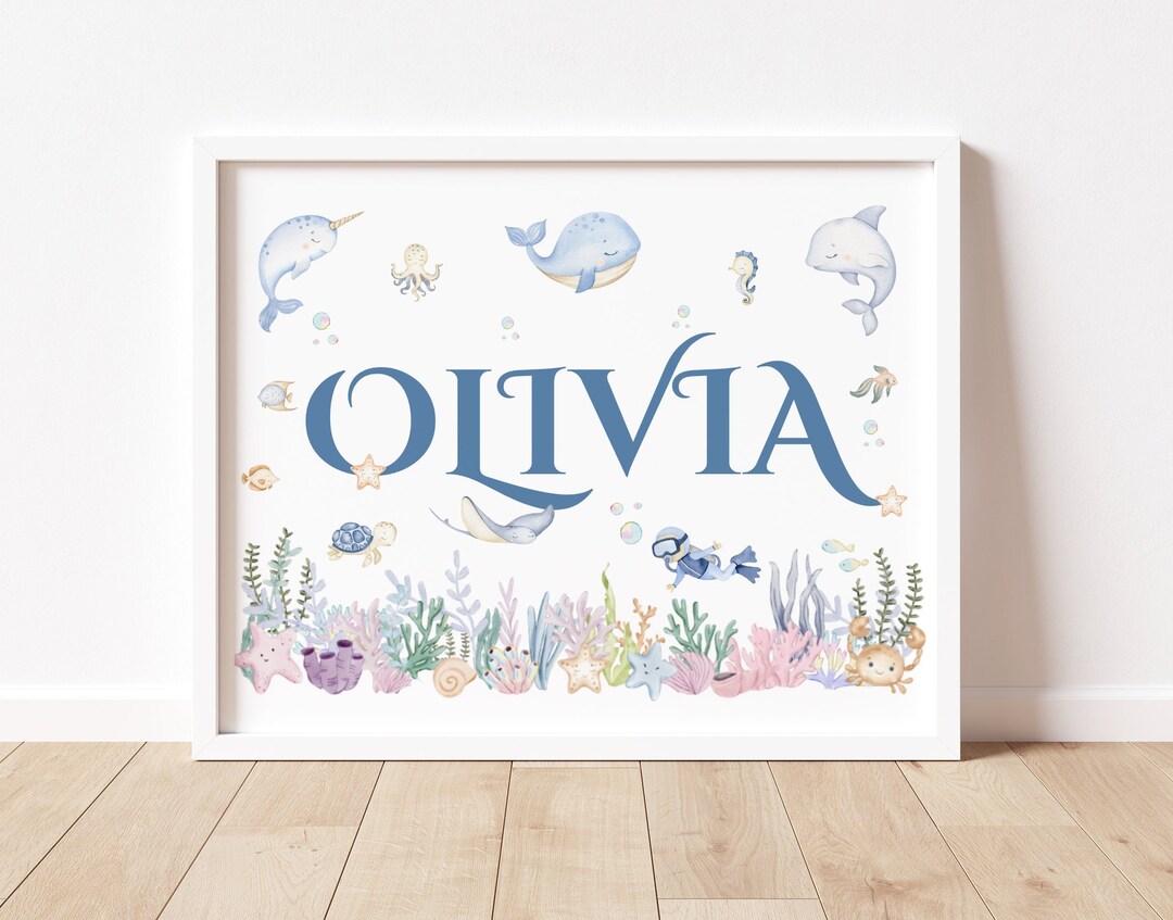 Sea Creatures Nursery Name Printable With Watercolor Coral Scene - Etsy