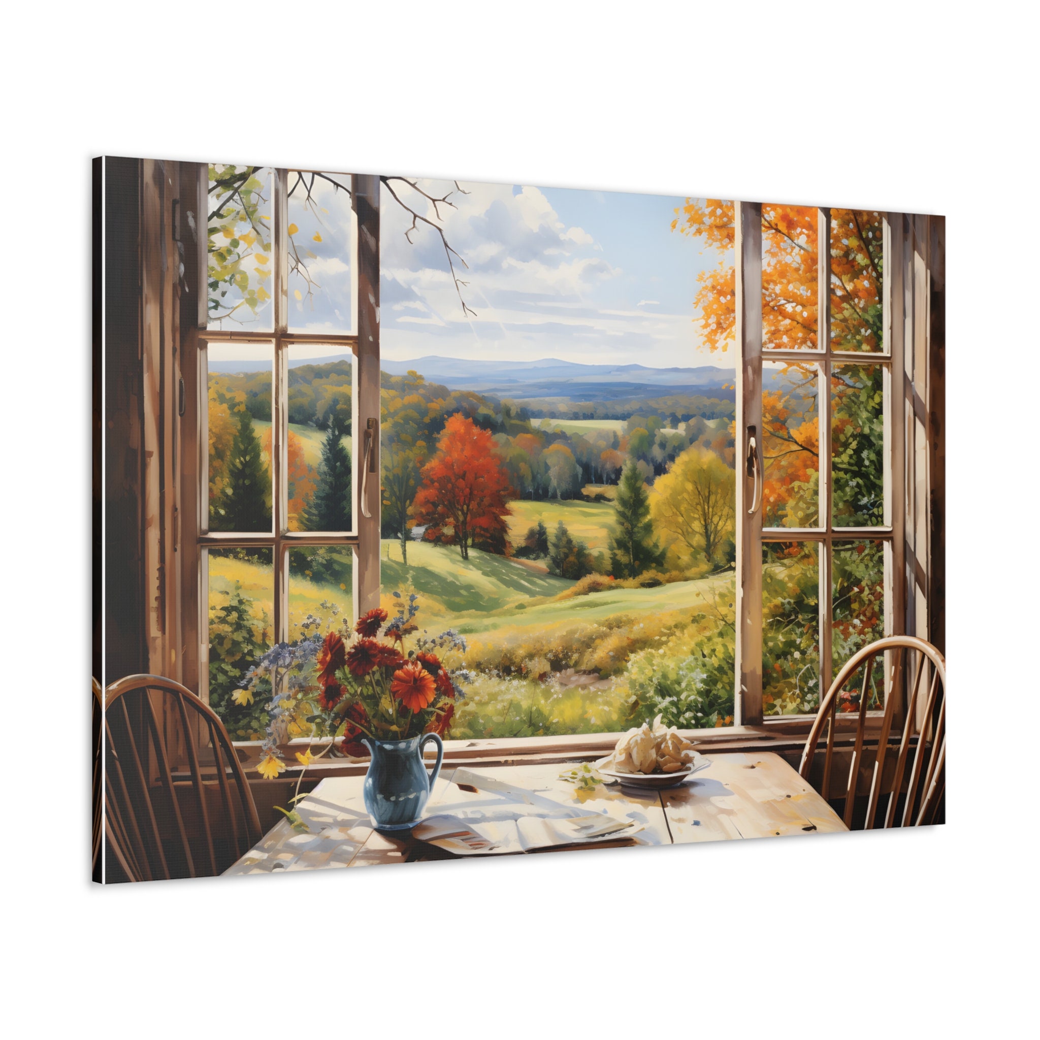 New England Autumn Window Landscape Painting Stretched Canvas on Frame ...