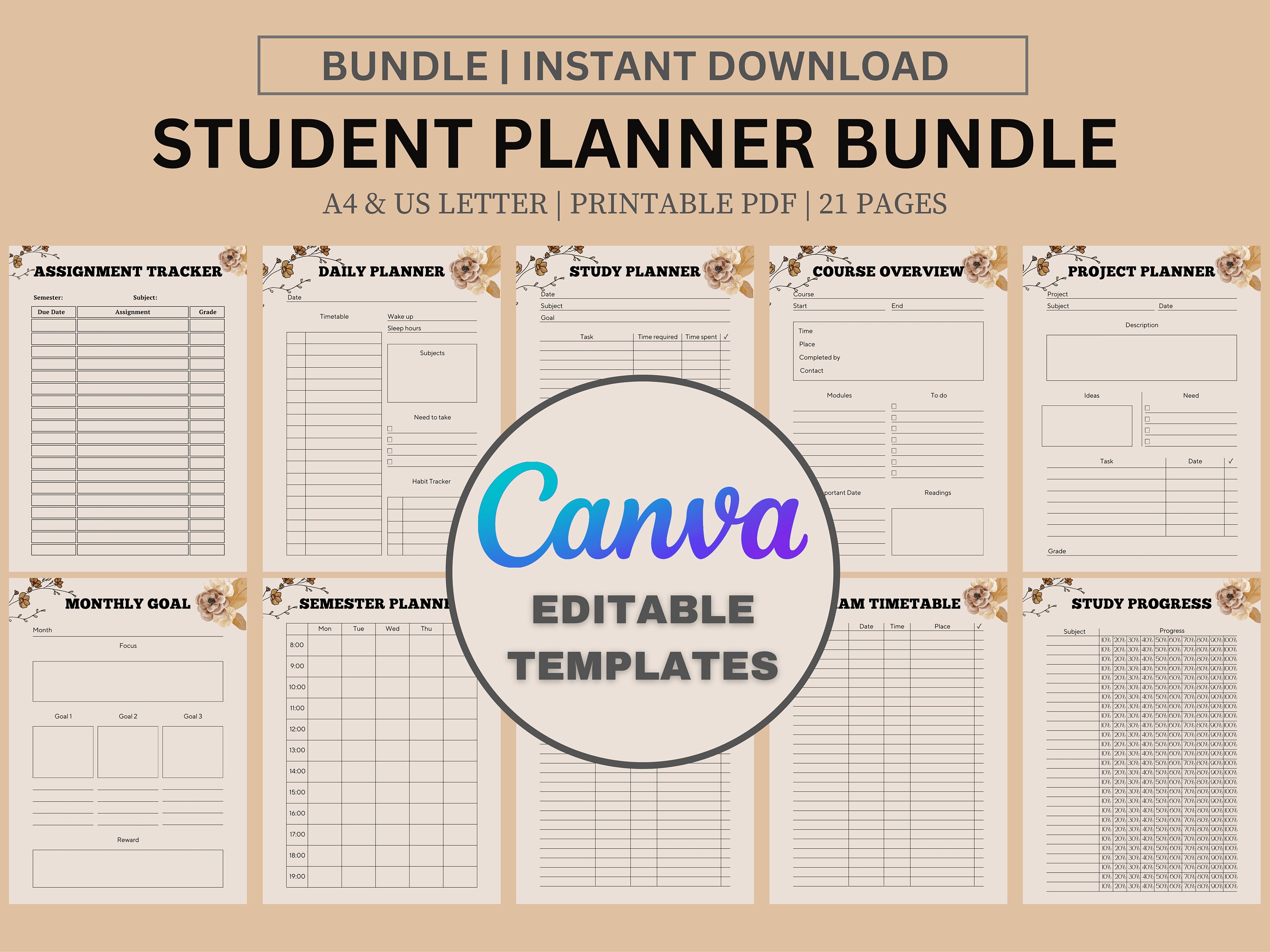Editable Undated Student Planner Canva Template, Canva Student Planner ...
