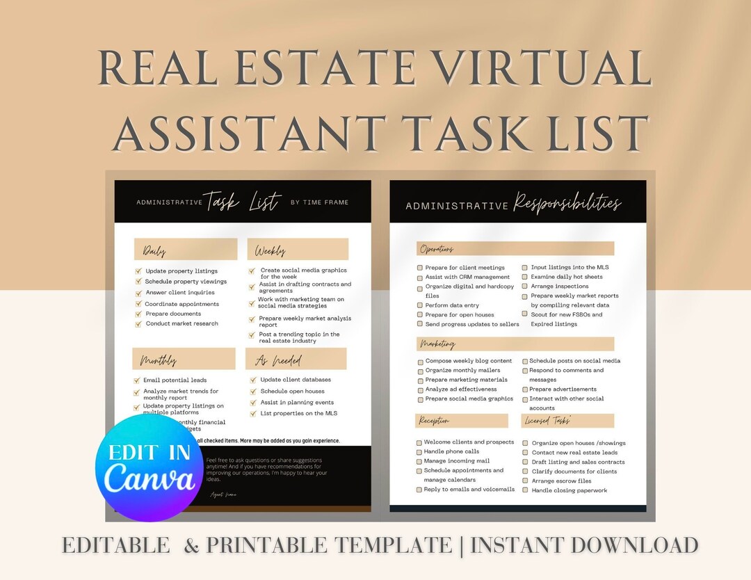 Editable Real Estate Virtual Assistant Task List Canva Template Ideal ...