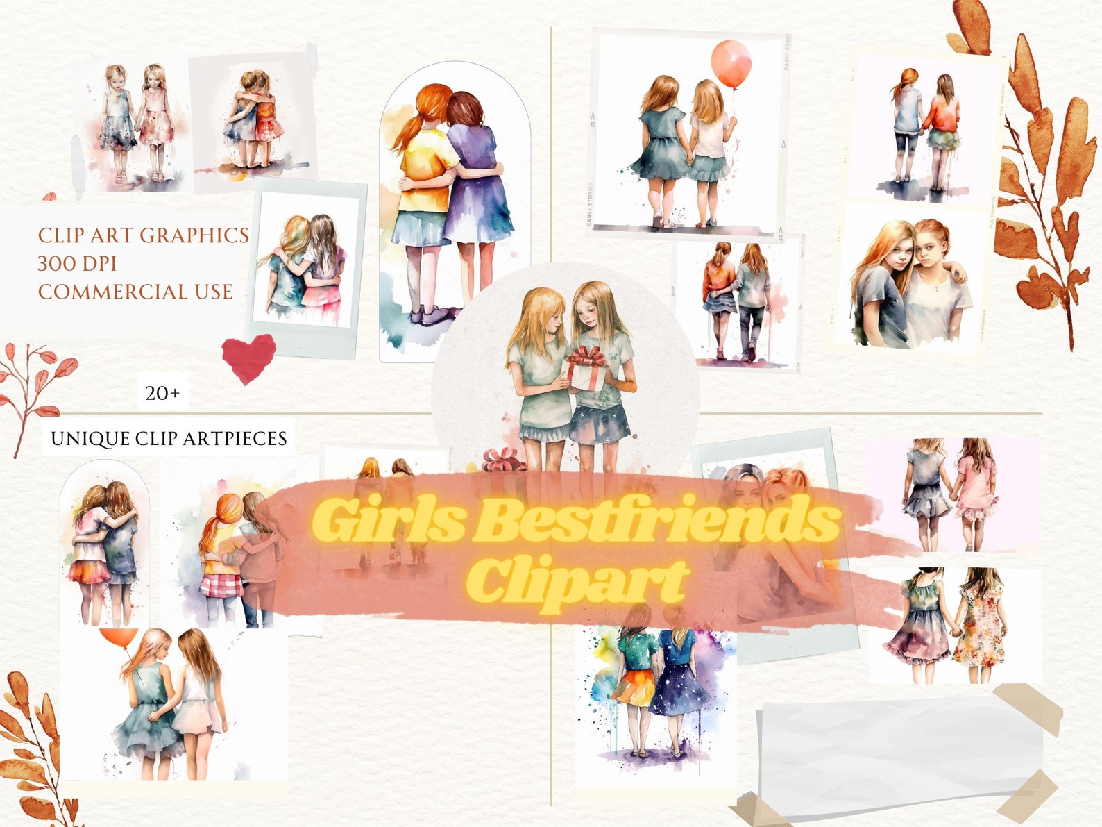 Watercolor Best Friends Clipart - 30 Watercolor Kids Girl BFF Clipart ...