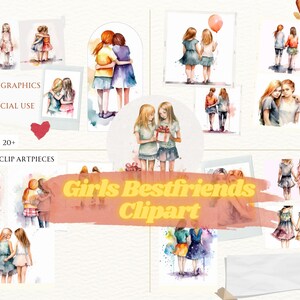 Watercolor Best Friends Clipart - 30 Watercolor Kids Girl BFF Clipart ...