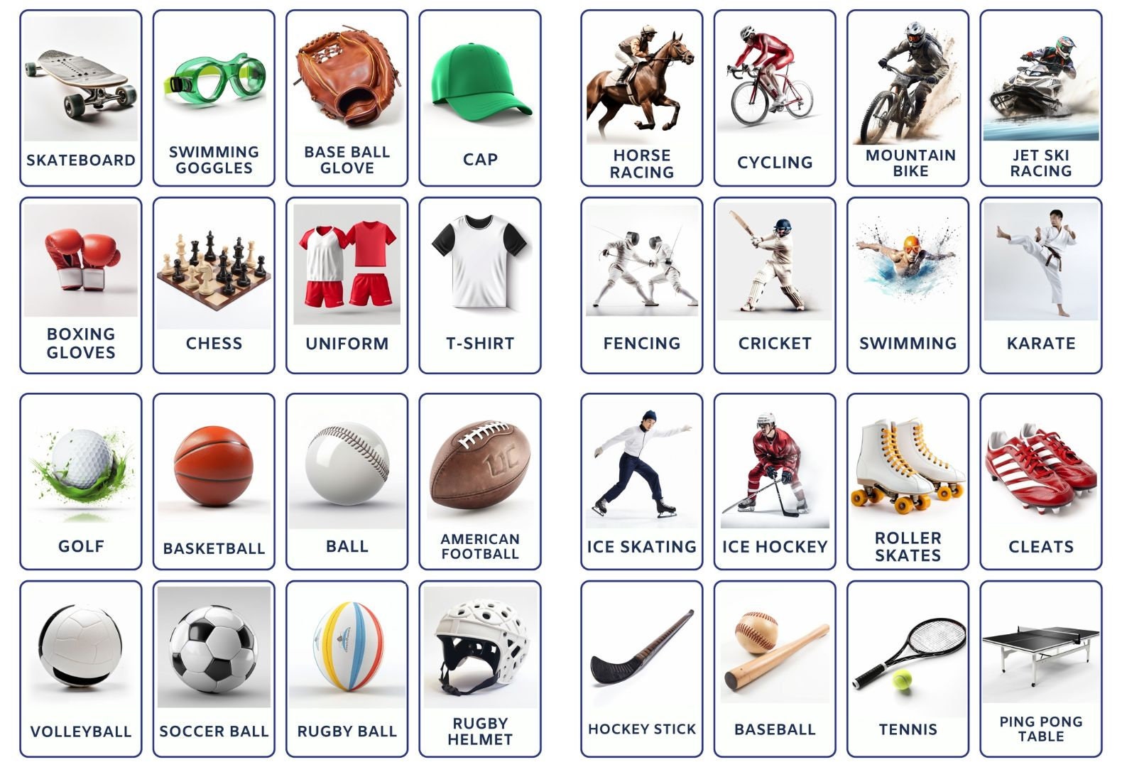 32 Sports Flashcards, Kids Printable, Nomenclature Cards, Toddler ...