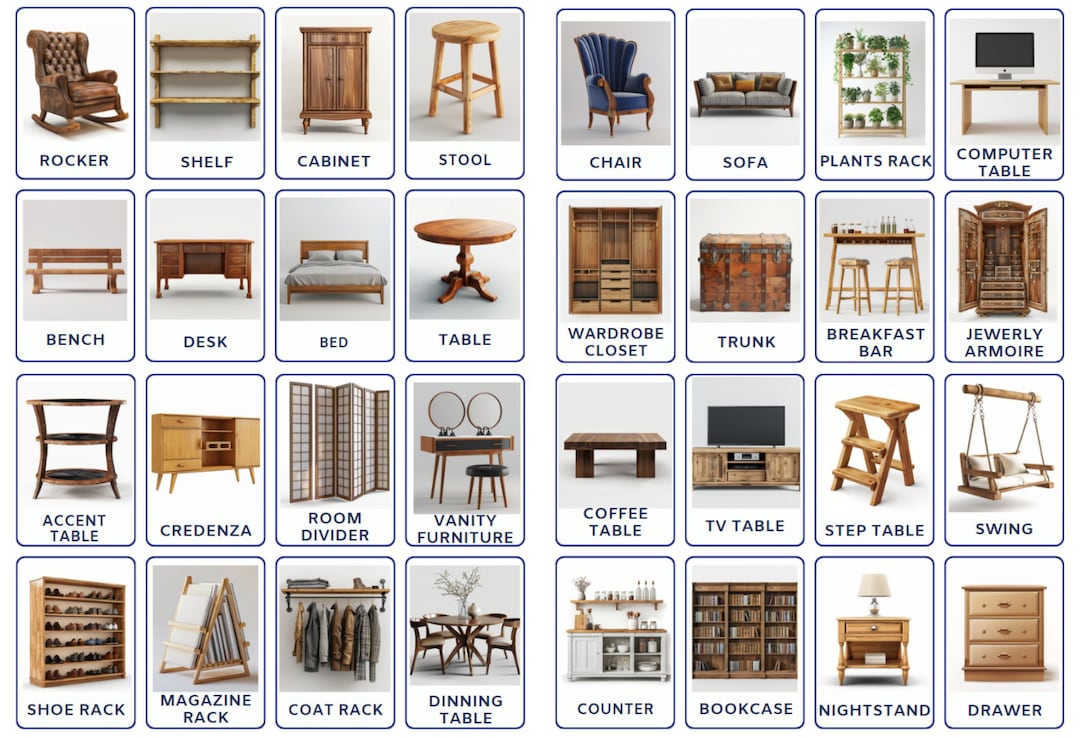32 PNG Furniture Flashcards, Nomenclature Printable, Toddler Activity ...