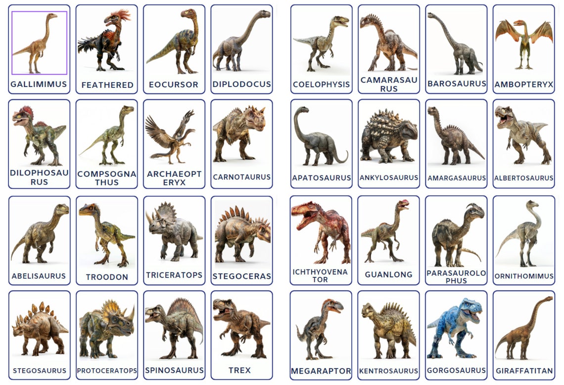 32 Jurassic Dinosaur Flashcards, Kids Printable, Nomenclature Cards ...